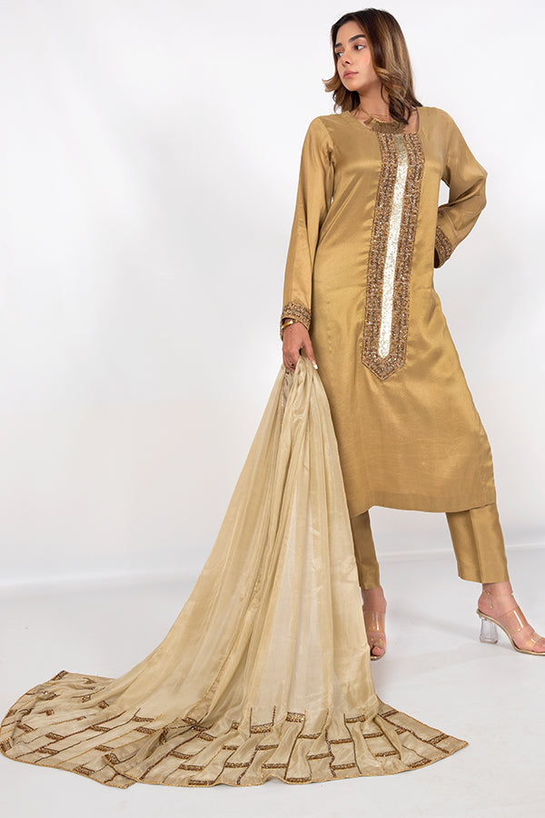 Golden Pure Raw Silk Suit – Khola Farhan