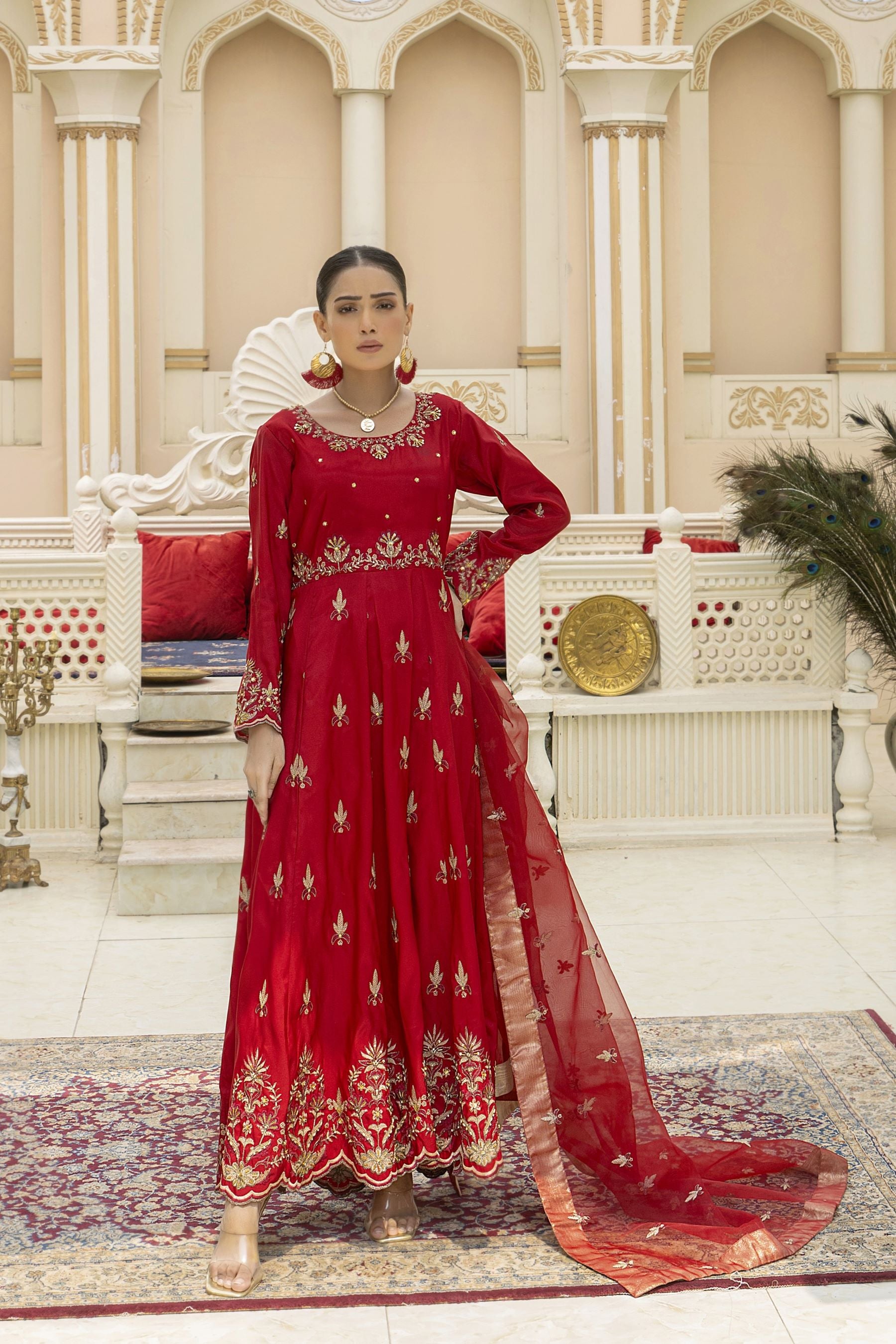 Elegant Red Long Frock With Pure Organza Dupatta – Khola Farhan